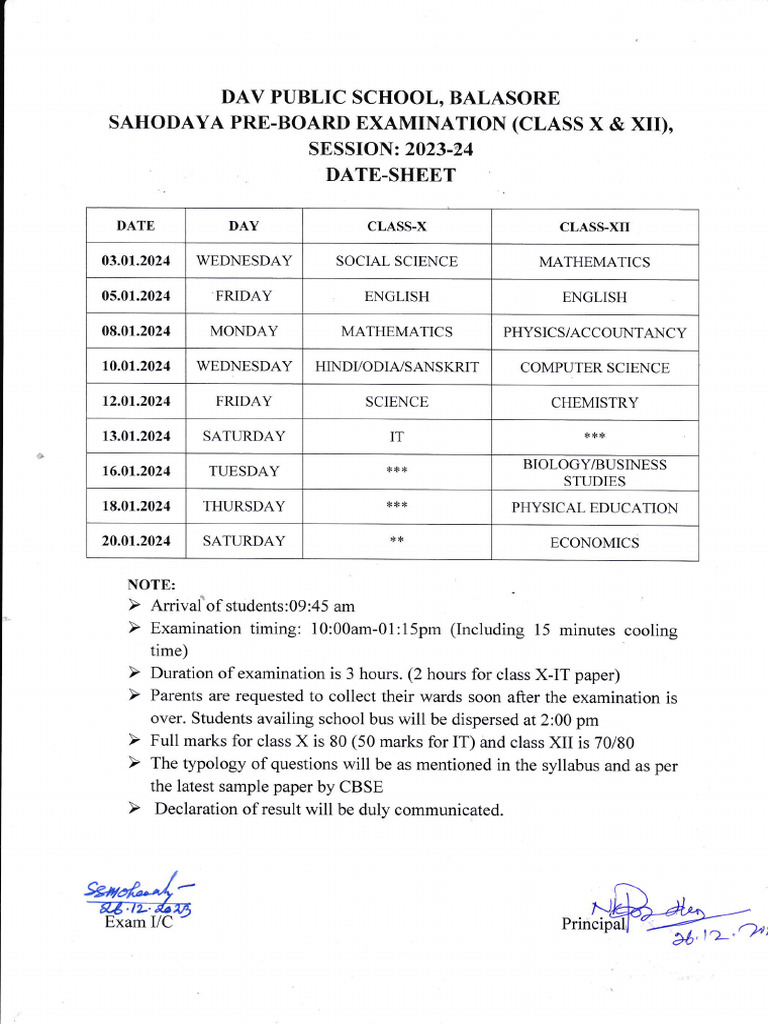 Sahodaya Pre-Board Exam Date Sheet 2024 | PDF