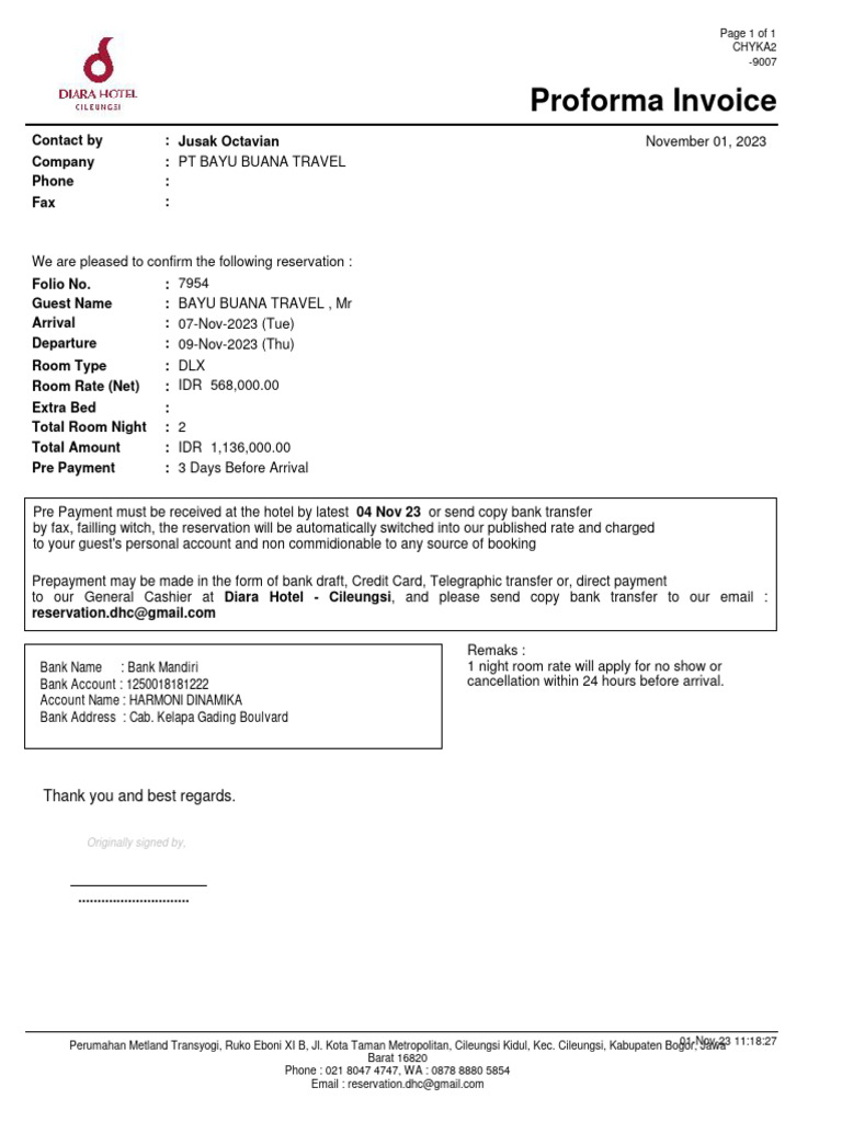 Proforma Invoice PT Bayu Buana Travel (7954) | PDF | Personal Finance | Money