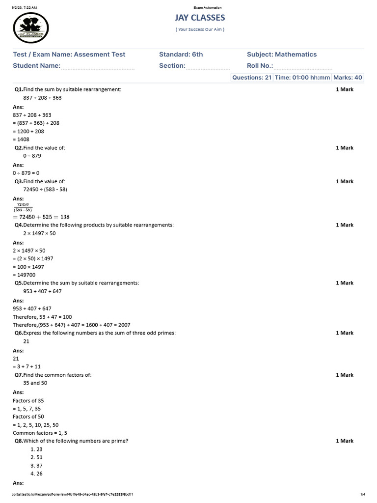 Math Test Paper 02 - 09 - 2023 Answer | PDF | Arithmetic | Elementary ...