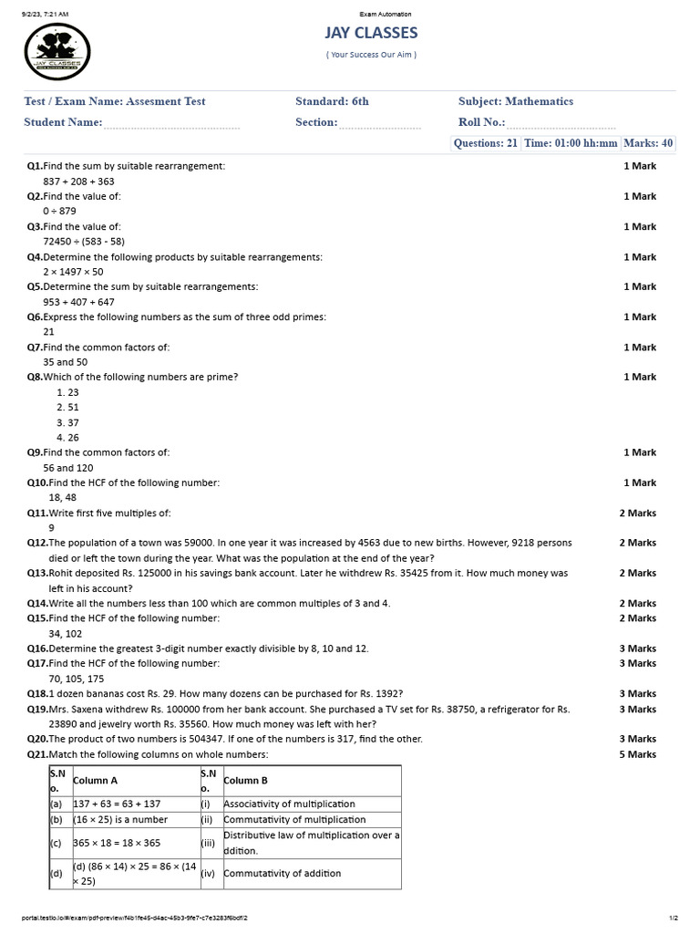 Math Test Paper 02 - 09 - 2023 | PDF
