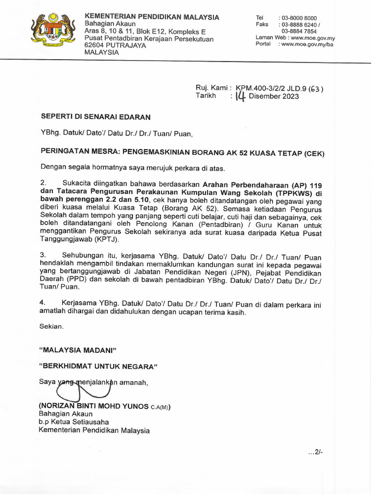 Peringatan Mesra - Pengemaskinian Borang Ak52 Kuasa Tetap (Cek) | PDF