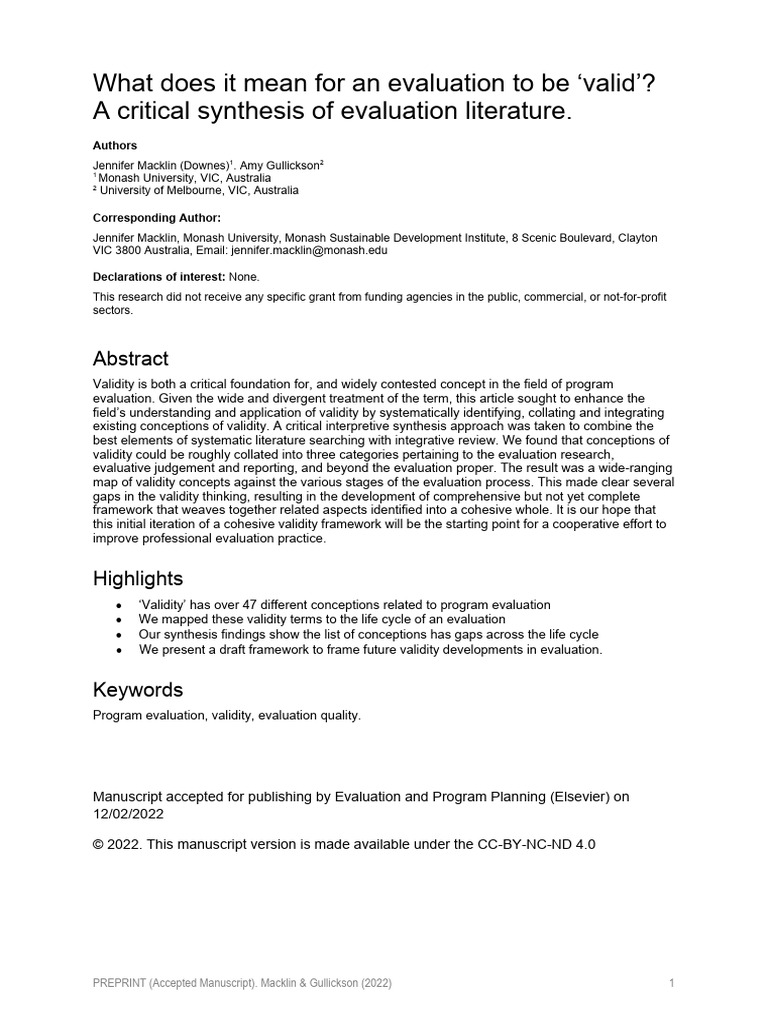 Validity in Evaluation - EPP - Manuscript - Accepted Manuscript For Preprint v3 | PDF | Validity ...