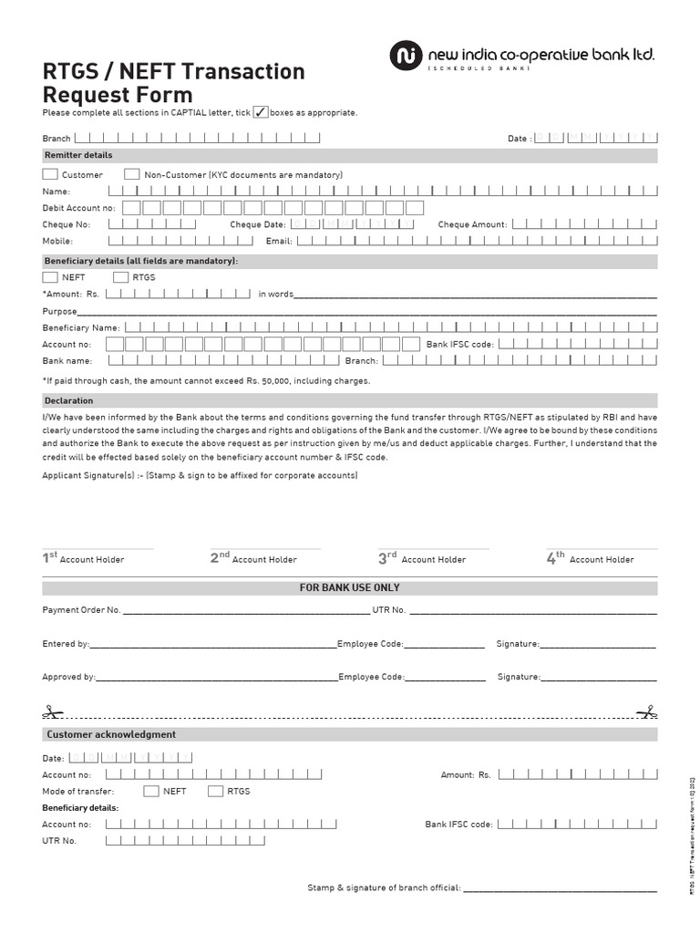 RTGS/NEFT Transaction Request Form | PDF | Business | Finance & Money ...