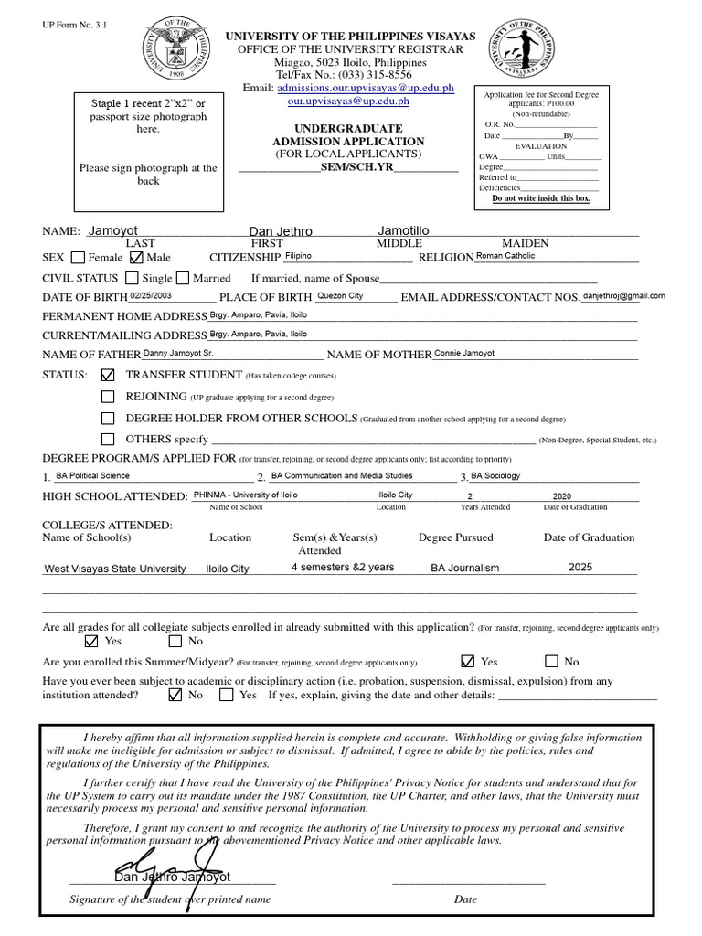 U.P. Form 3.1 With Guidelines - Revised - 2021 | PDF