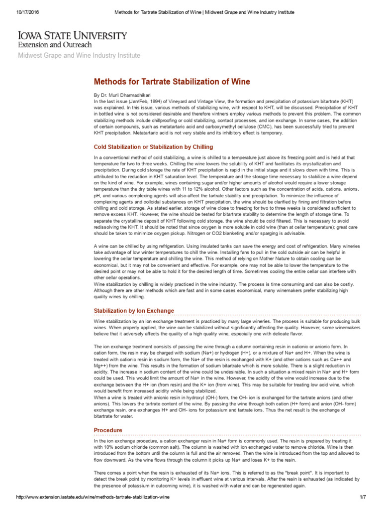 Methods For Tartrate Stabilization of Wine PDF | PDF