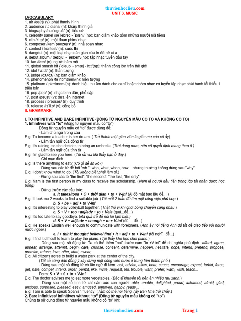 Unit 3 Music Bai Tap Tong Hop | PDF