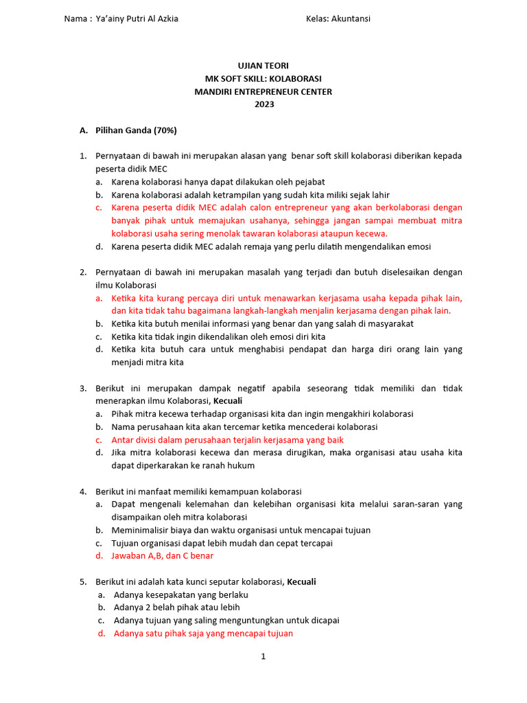Soal Ujian Teori Softskill Kolaborasi 2023 Pdf