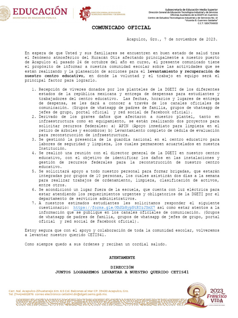 Recuperación del CETIS 41 tras Huracán Otis | PDF