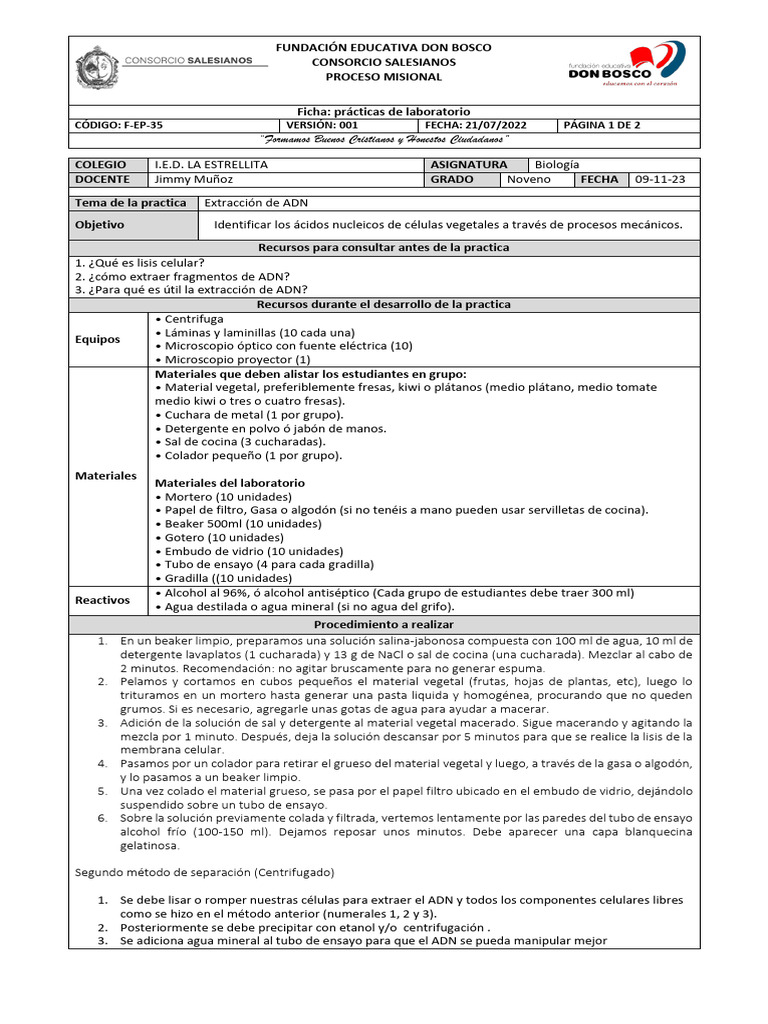 Practicas de Laboratorio. Extracción de ADN | PDF | Salud y bienestar