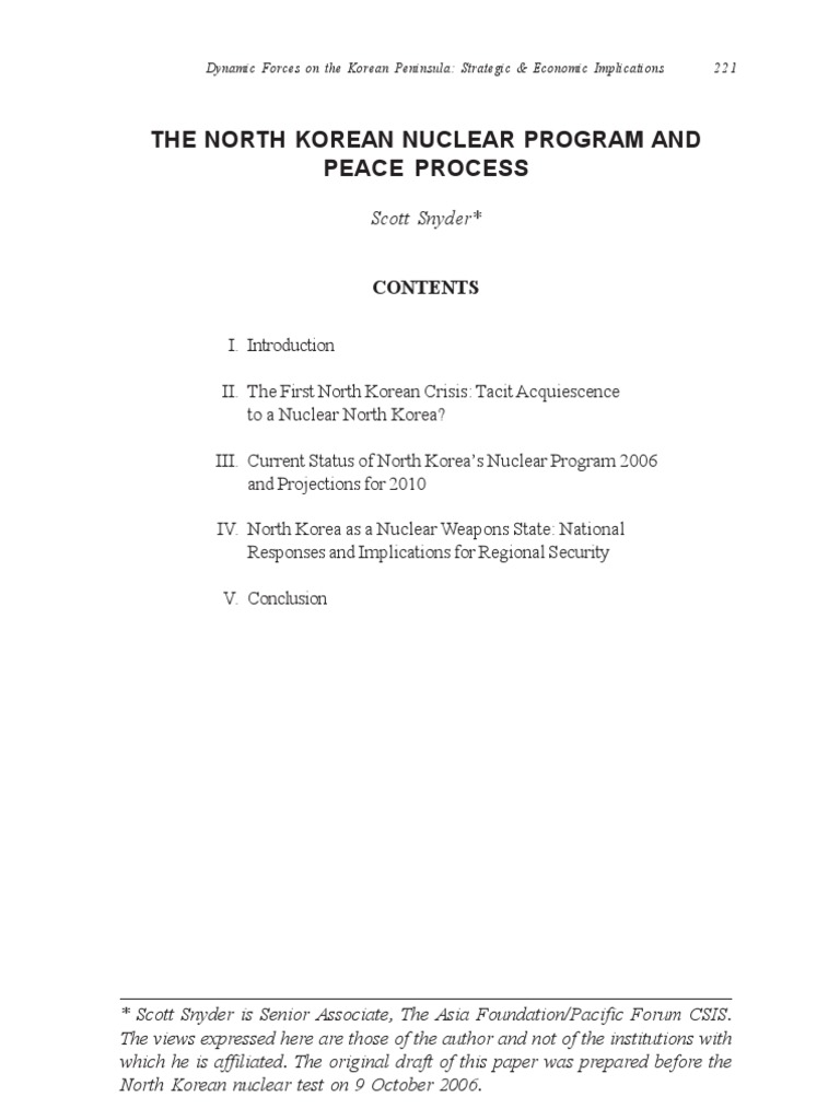 The North Korean Nuclear Program and Peace Process by Scott Snyder ...