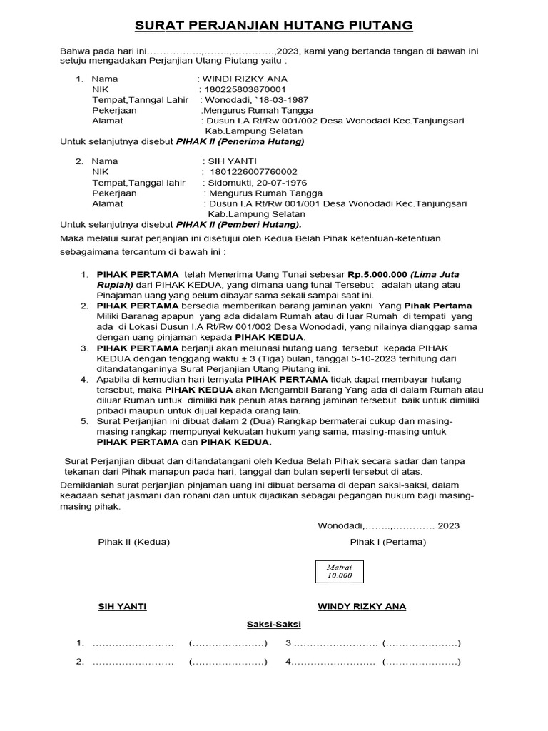 Contoh Surat Perjanjian Pinjaman Uang | PDF