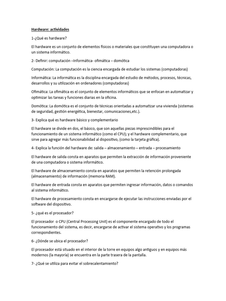 Actividad de Hardware | PDF | Hardware de la computadora | Unidad Central de procesamiento