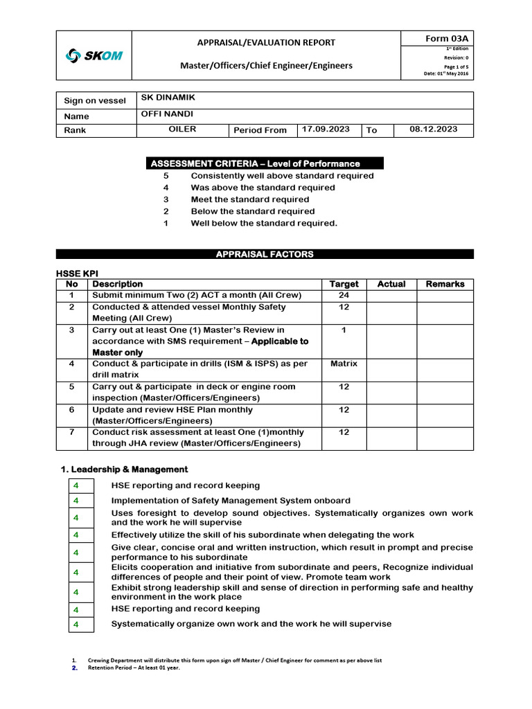 Form 3A - ThirdEngineer - Apraisal & Evaluation - YES | PDF ...