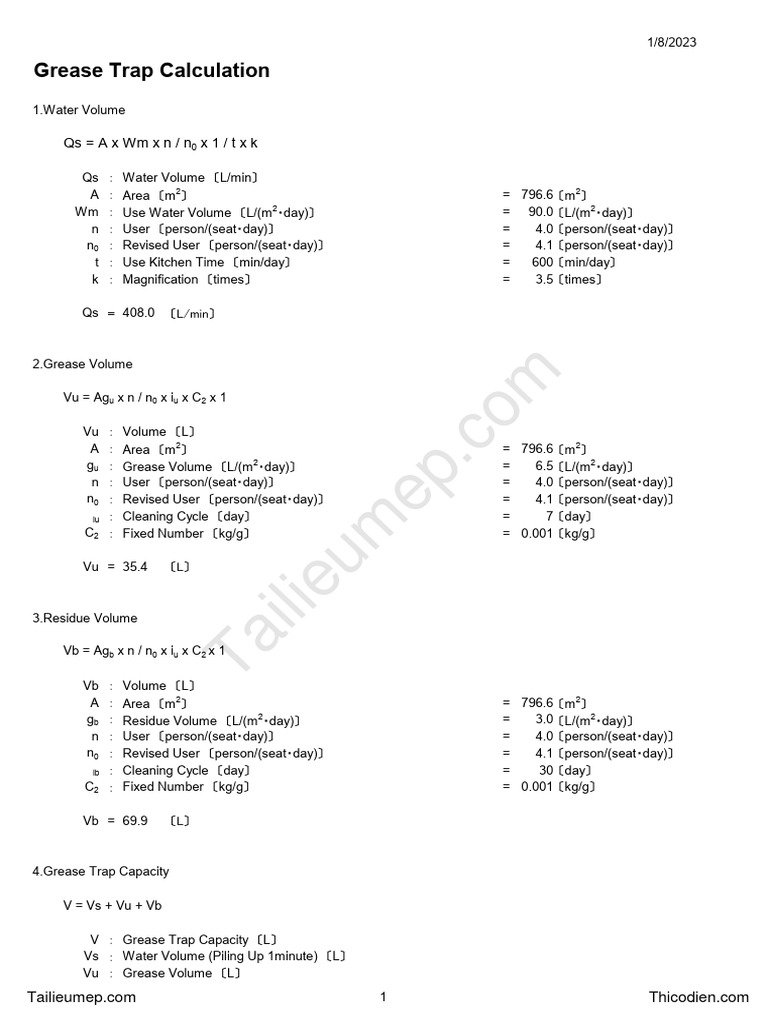 Grease Trap Calculation | PDF