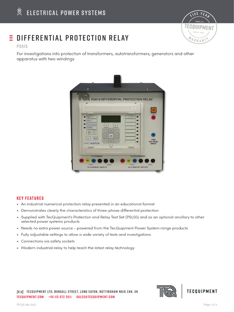 PSA15 Differential Protection Datasheet | PDF | Relay | Electrical Components
