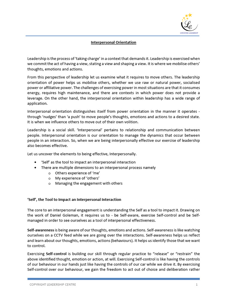 Interpersonal Leadership Skills Explained | PDF | Thought | Self Awareness