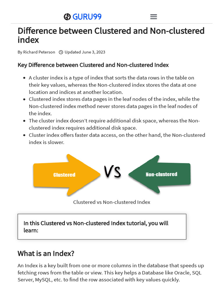 Difference Between Clustered and Non-Clustered Index | PDF | Database ... Difference Between Clustered and Non-Clustered Index | PDF | Database ...
