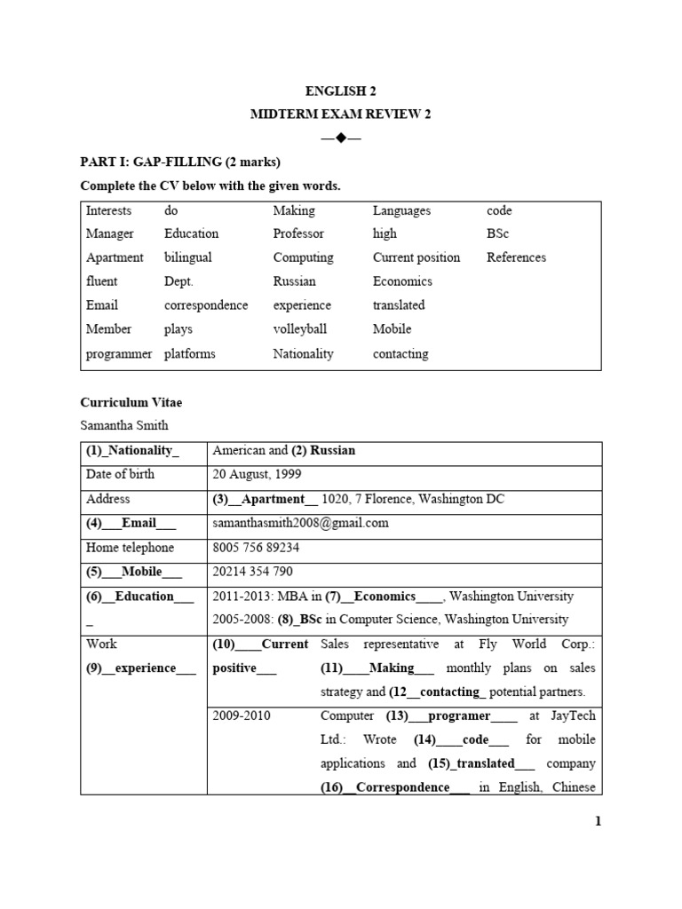 English 2 - Midterm Exam Review 2 | PDF