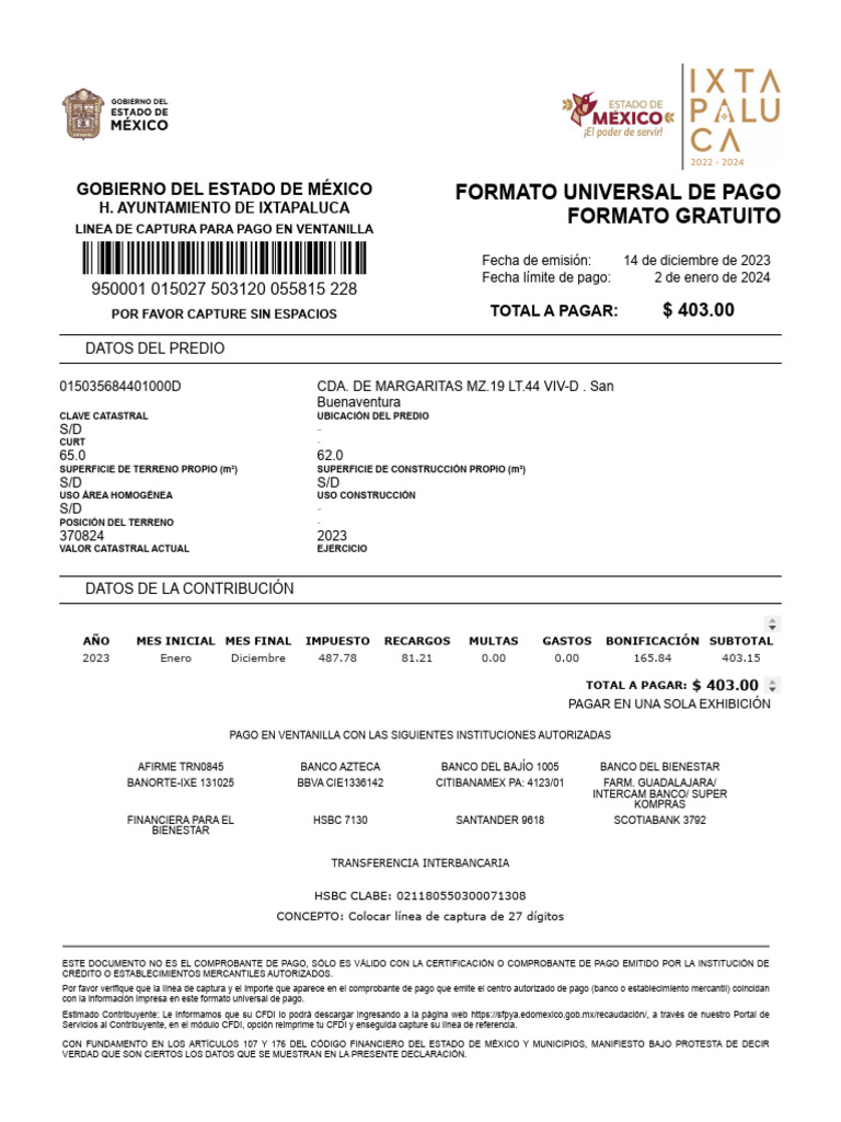 Formato Universal de Pago Predial | PDF | Dinero | Economias