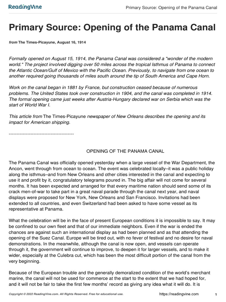 Primary-Source-Opening-of-the-Panama-Canal-passage | PDF | Panama Canal ...
