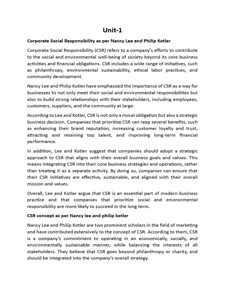 Unit-1: Corporate Social Responsibility As Per Nancy Lee and Philip ...