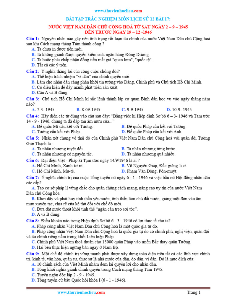 Trac Nghiem Lich Su 12 Bai 17 2 | PDF