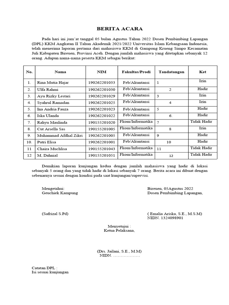Berita Acara DPL Minggu 1 DST-1 | PDF