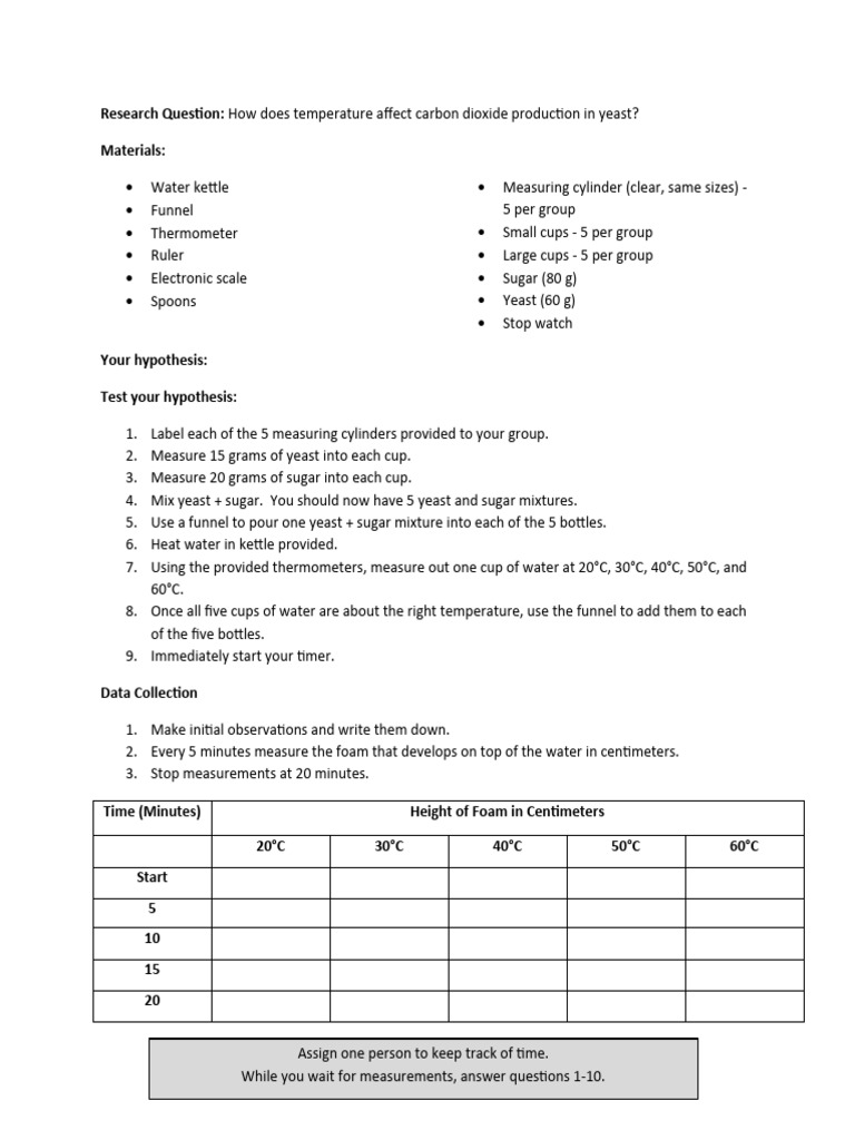 Yeast and Temperature Experiment ANSWERS | PDF | Experiment | Cellular ...
