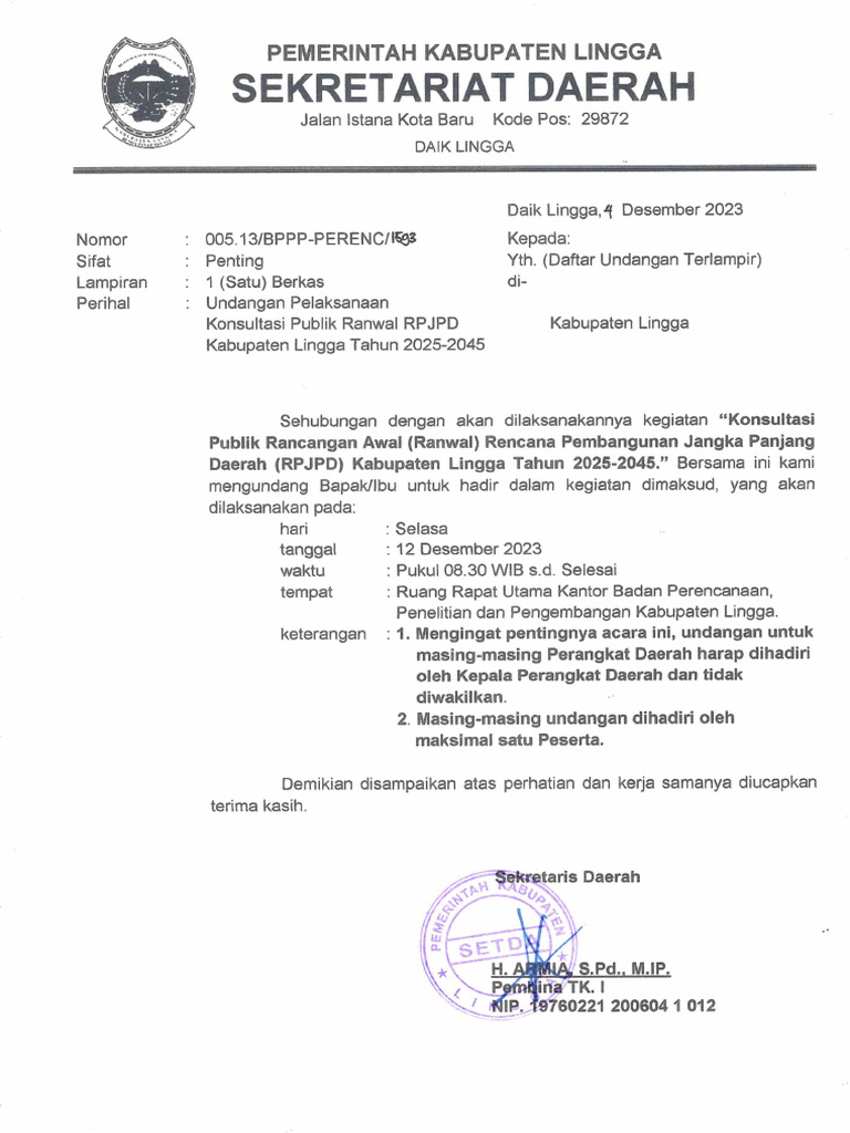 Undangan Konsultasi Publik Ranwal RPJPD Kab. Lingga 2025-2045 Ok | PDF
