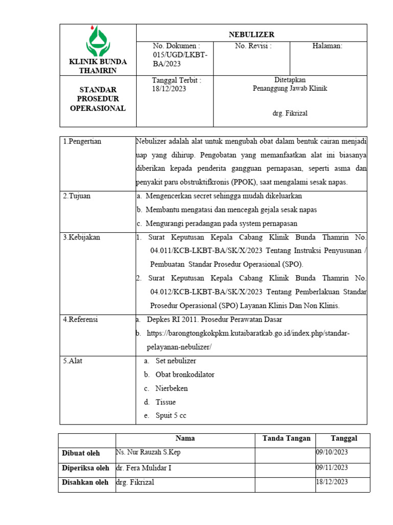 Prosedur Nebulizer Klinik Bunda Thamrin | PDF