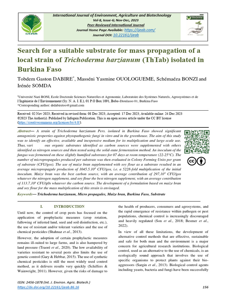 Search For A Suitable Substrate For Mass Propagation of A Local Strain of Trichoderma Harzianum ...