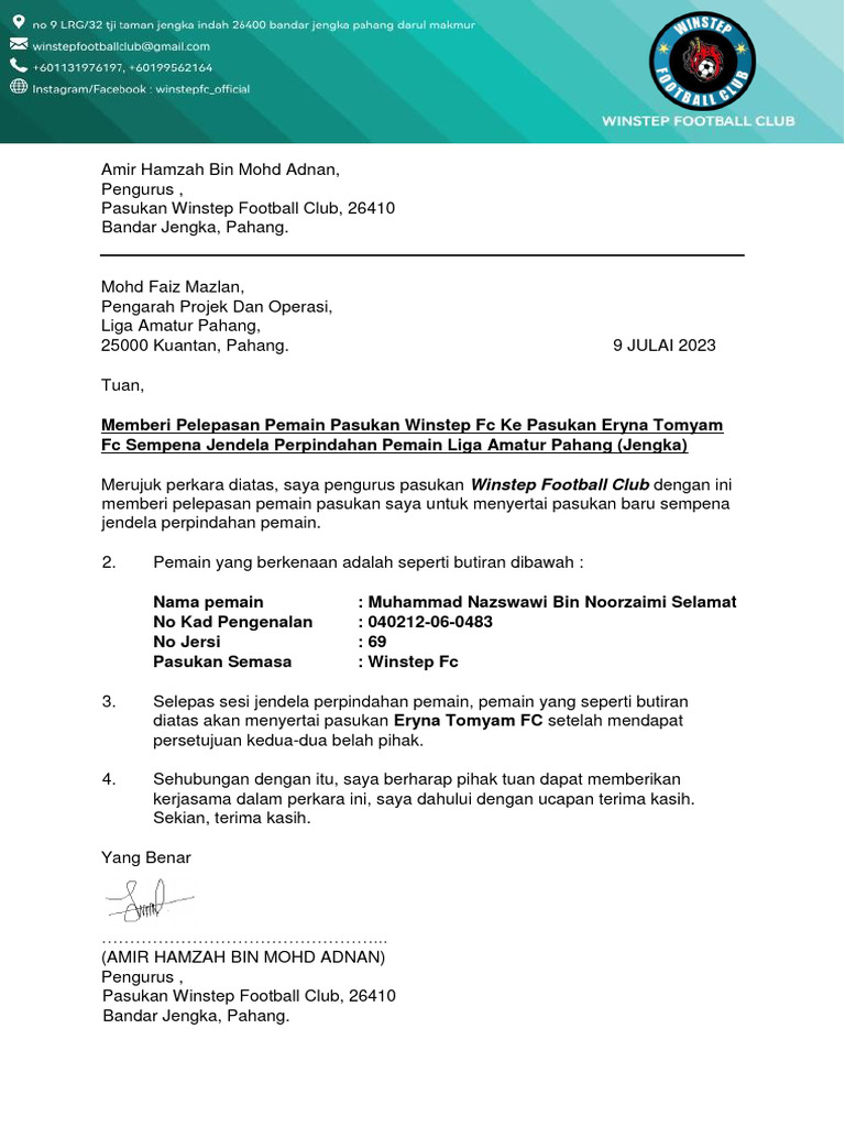 Surat Perpindahan Player Winstep FC | PDF