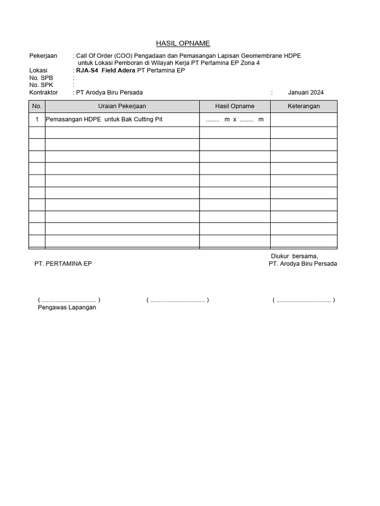 Form Opname HDPE Cutting Pit RJA-S4 (Kontrak Baru) | PDF