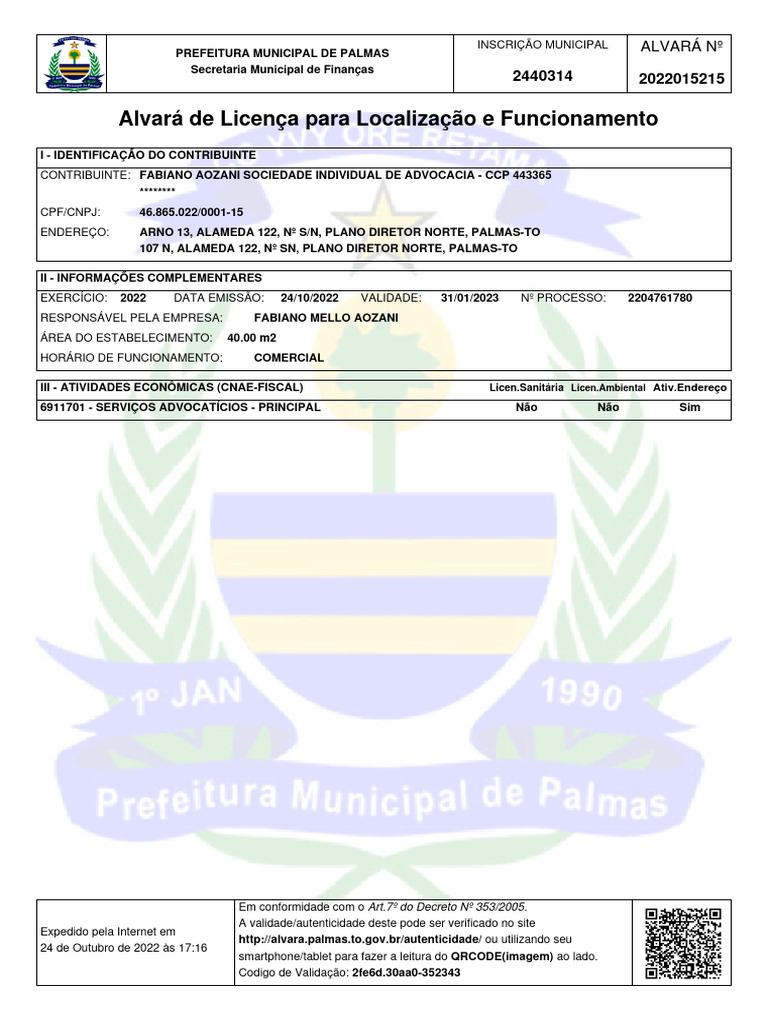 Alvará 2022: Fabiano Aozani Advocacia em Palmas | PDF