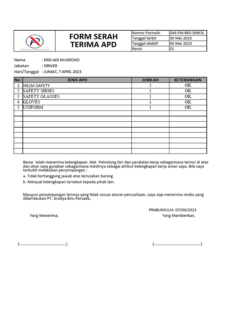 Form Serah Terima Apd | PDF