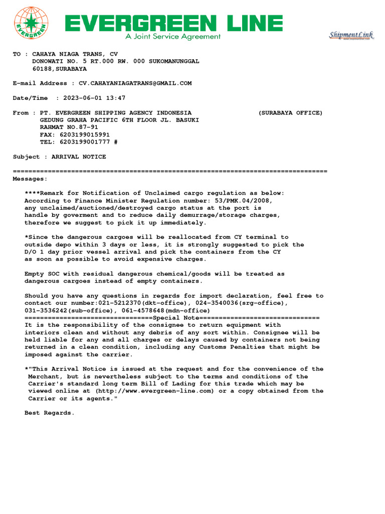 Arrival Notice - 7 | PDF | Cargo | Service Industries