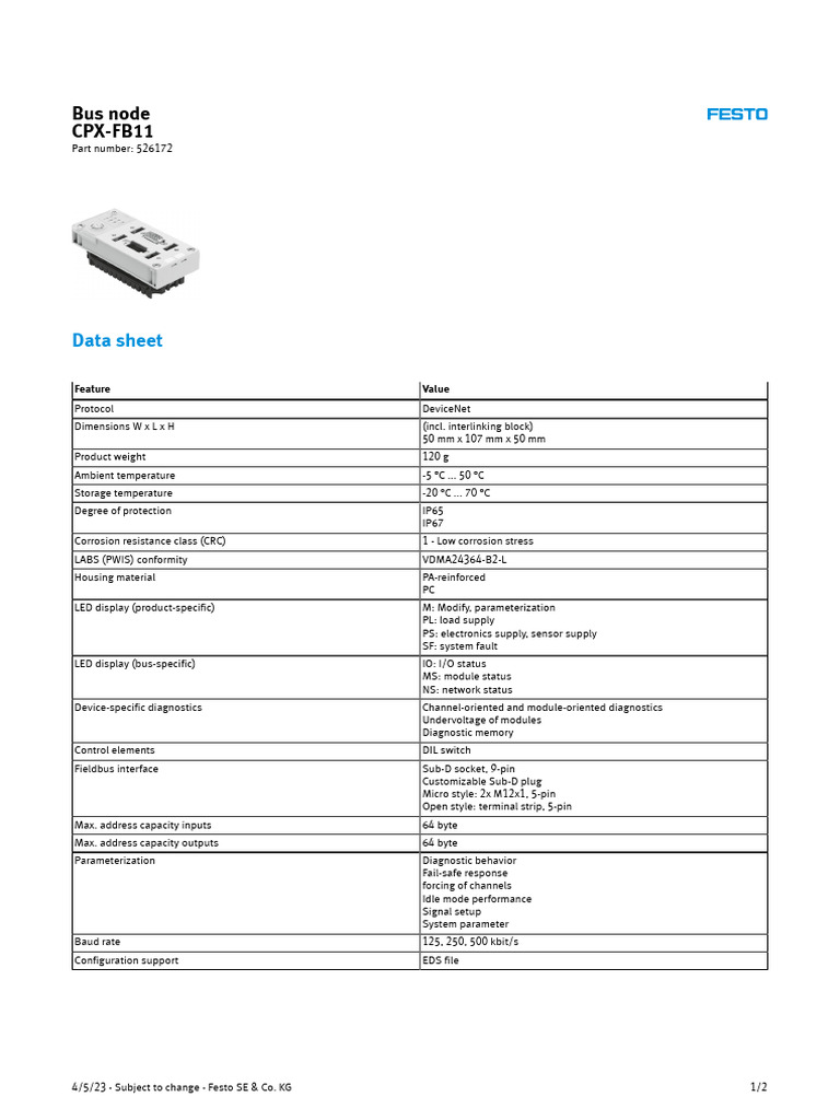 526172datasheet - Bus Node - CPX - FB11 | PDF | Input/Output | Computing