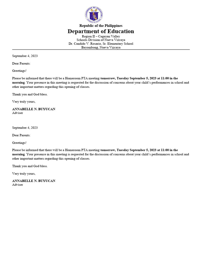 Request Letter PTA Meeting | PDF