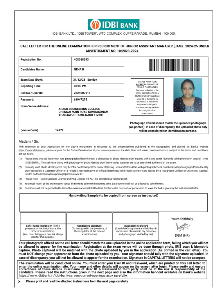 Junior Assistant Manager Exam Call Letter | PDF | Identity Document ...
