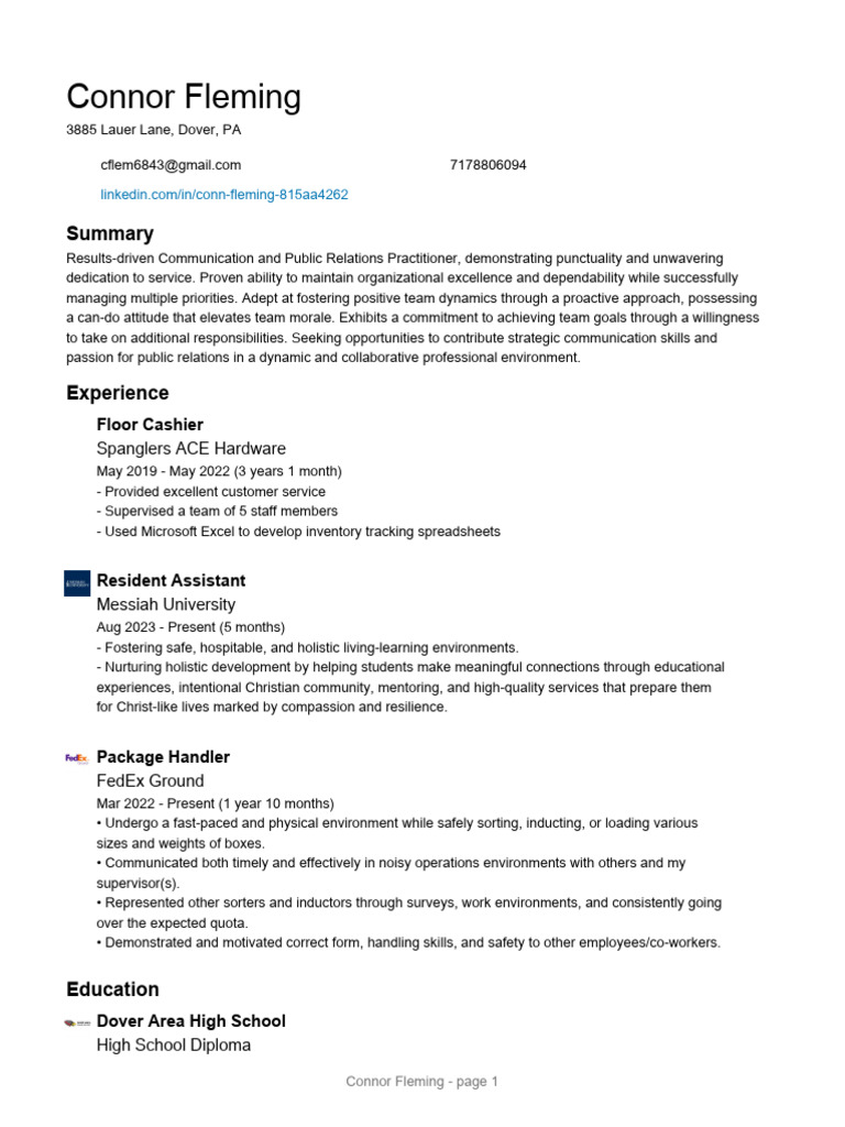 Resume-Connor-Fleming 1 | PDF | Communication