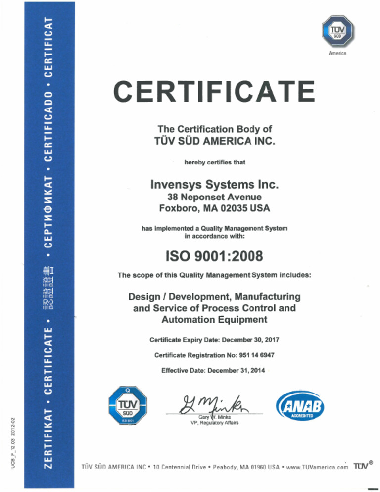 2014 1231 Invensys Systems Inc ISO 9001 2008 Certificate Neponset Ave | PDF