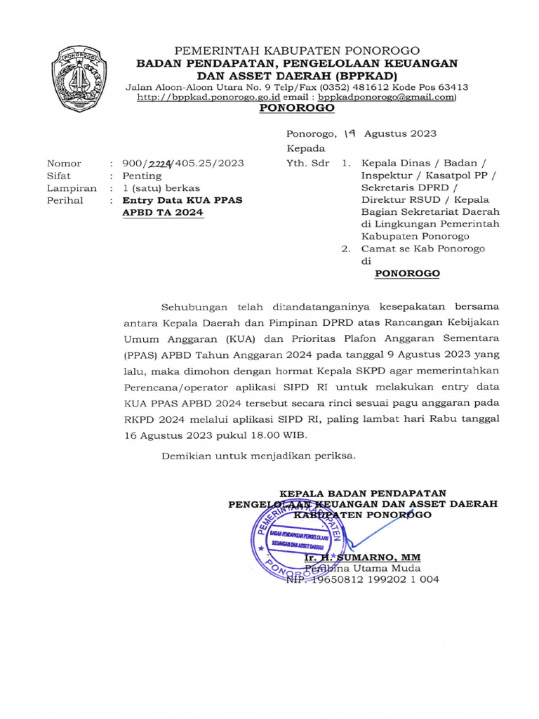Surat Entry Data KUA PPAS APBD 2024 | PDF