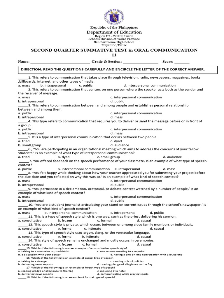 Oral Comm Test for Grade 11 Students | PDF | Communication | Linguistics