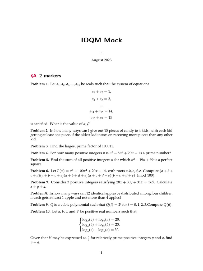 IOQM Mock 1 | PDF