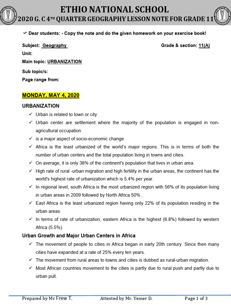 2020 G. C 4 Quarter Geography Lesson Note FOR Grade 11: MONDAY, MAY 4 ...