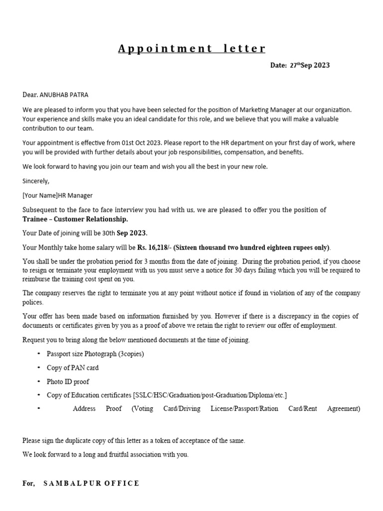 Appointment Letter | PDF