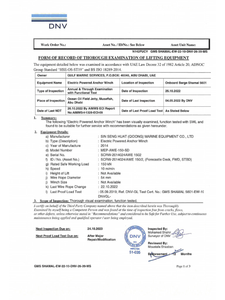 Bi-Annual ELECTRIC POWERED ANCHOR WINCH by DNV - 24.10.23 | PDF