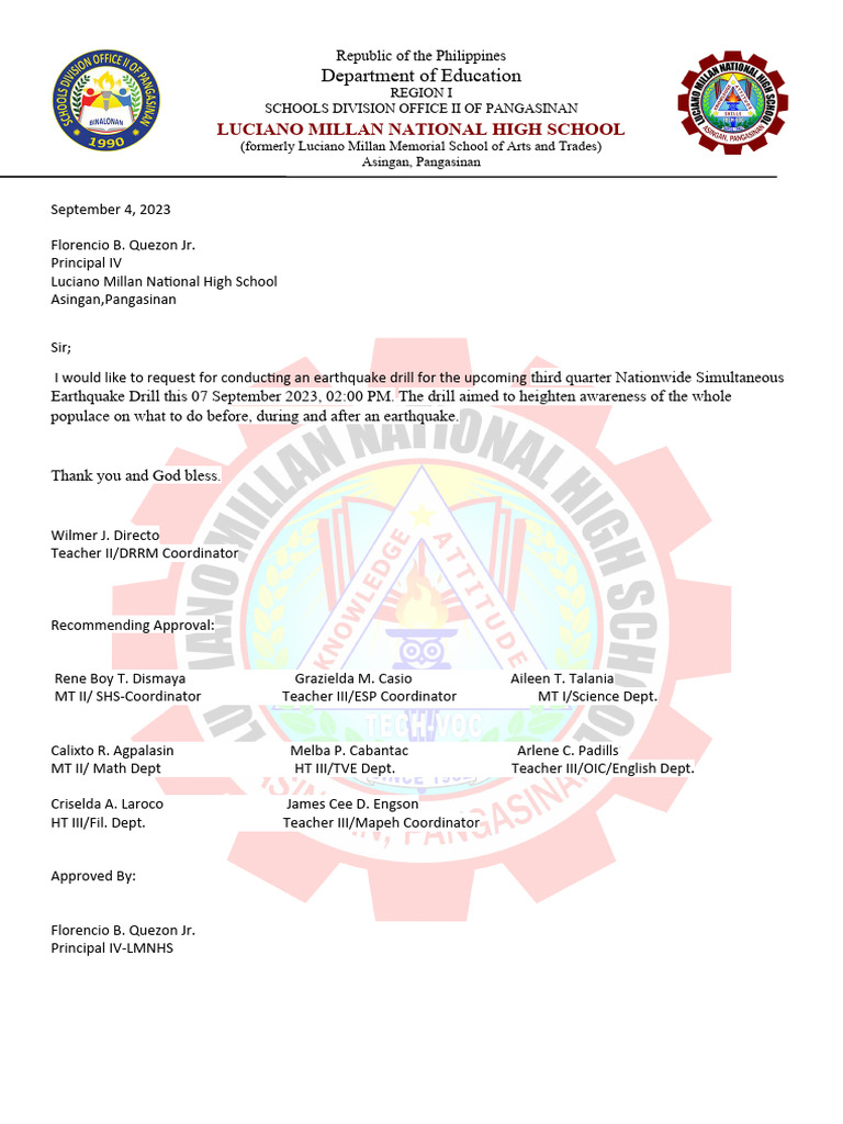 Earthquake Drill Request at LMNHS | PDF