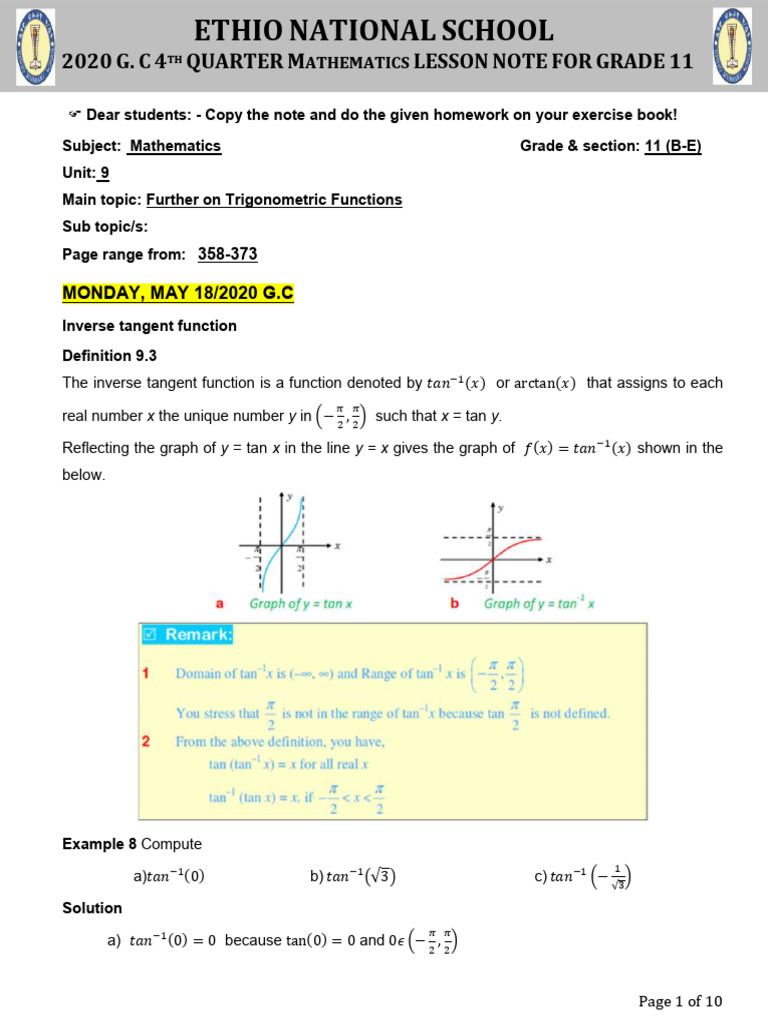 2020 G. C 4 Quarter M Lesson Note FOR Grade 11 | PDF | Function (Mathematics) | Trigonometric ...