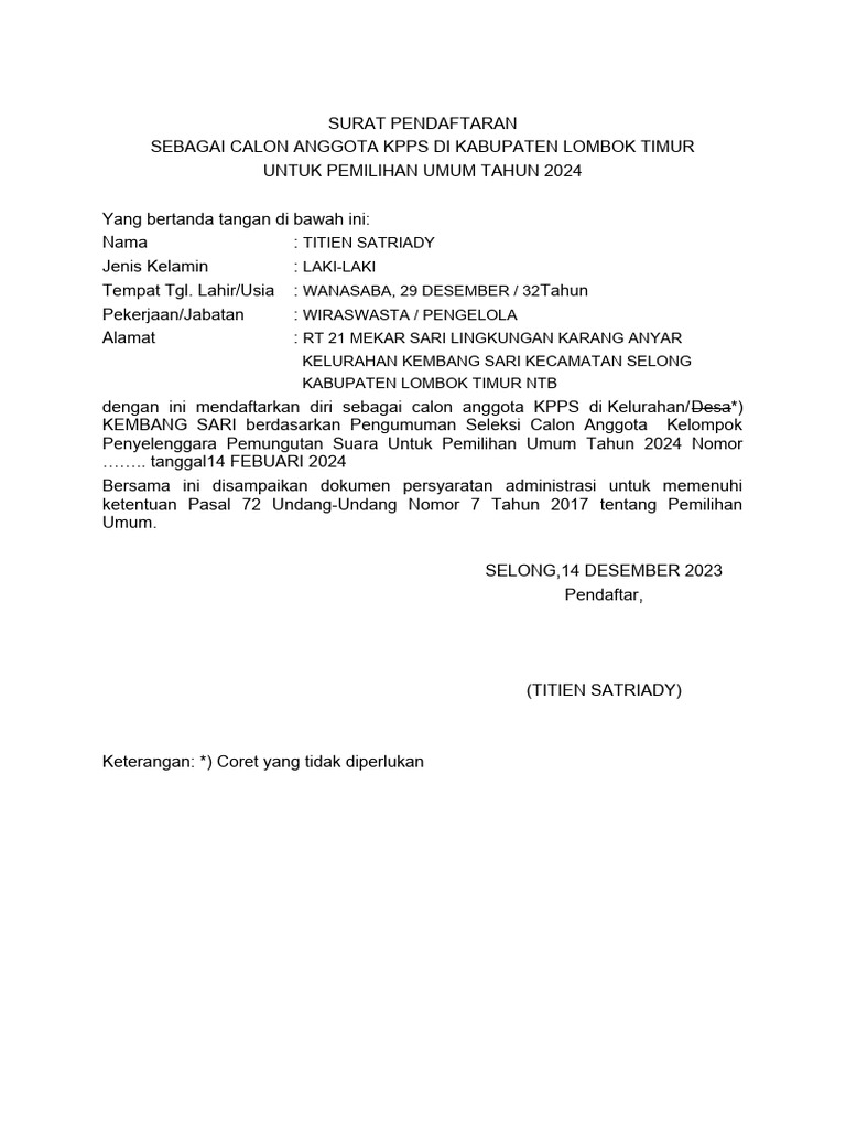 Format Dokumen Pendaftaran TPS | PDF